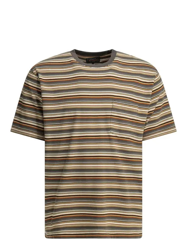 BEAMS Striped Cotton Jersey Crewneck T-shirt With Chest Pocket - Brown