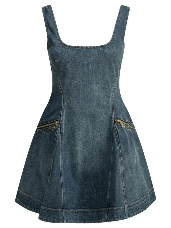 SELF-PORTRAIT Denim Flared Mini Dress - Blue