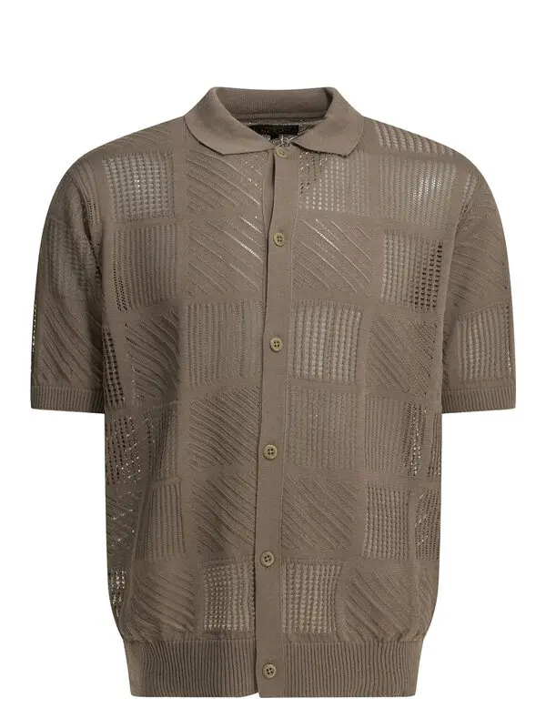 BEAMS Textured Knit Button-down Polo Shirt - Brown