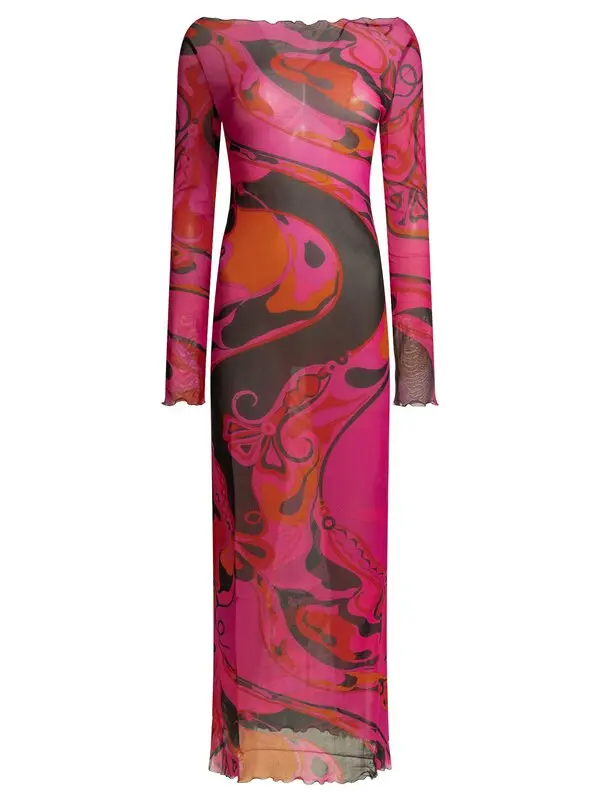 Emilio Pucci Orchidee Long Dress In Stretch Tulle - Fuchsia