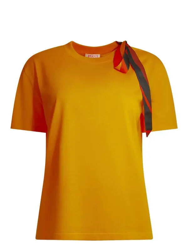 Emilio Pucci Cotton Knit Crew Neck T-shirt With Silk Ribbon Detail - Orange