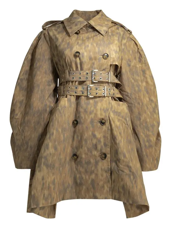 GANNI Animal Print Double-breasted Trench Coat With Belted Waist - Beige