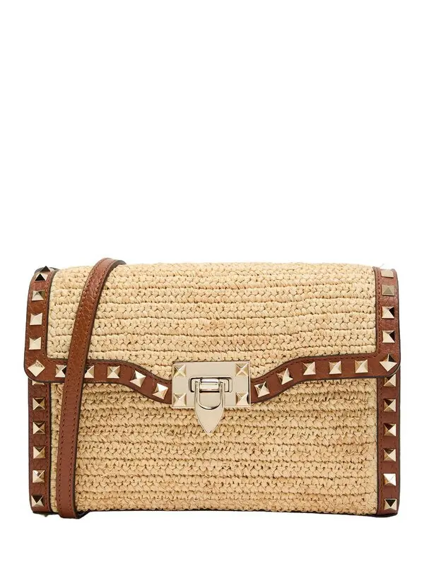 Valentino Garavani Rockstud Small Raffia Shoulder Bag - Natural