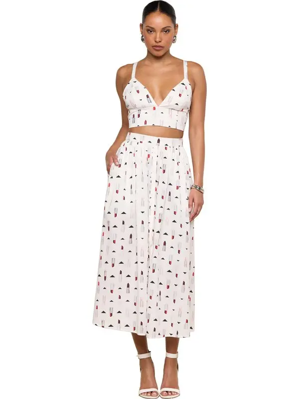 L'Agence Seina Lipstick Print Poplin Midi Skirt - Ivory Multi Lipstick Geo