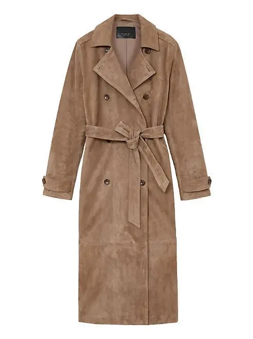 REISS Ester Double-breasted Suede Trench Coat - Neutral