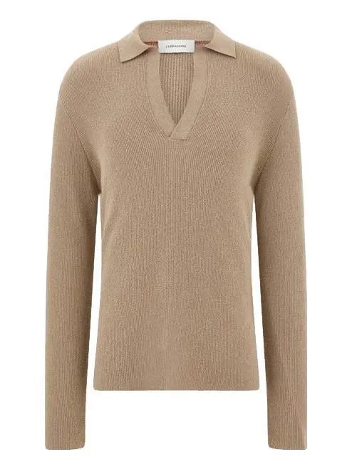 FERRAGAMO Long Sleeve V-neck Polo Shirt - Metallic