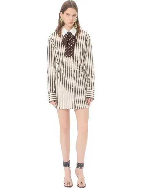 Valentino Garavani Short Dress In Printed Striped Poplin - Chocolate