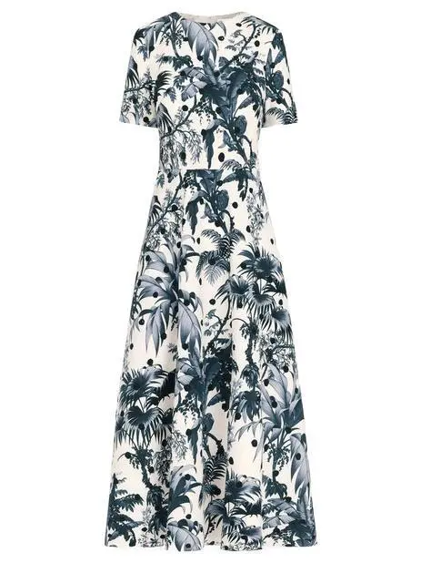 Oscar De La Renta Short Sleeve Jewel Neck Dress With Palm Leaf And Dot Print - Red