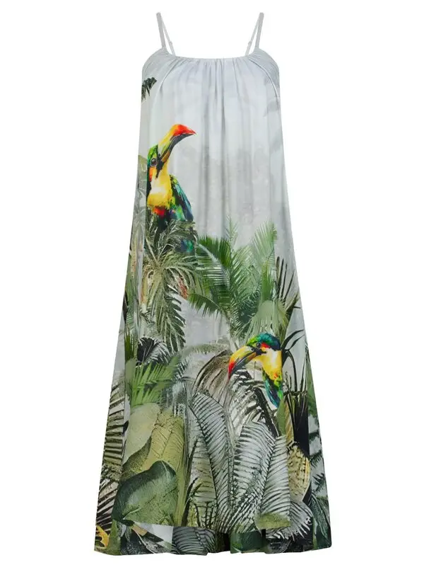DHARA SHETH, DUBAI Spaghetti Strap Midi Dress With Jungle Bird Print - Grey/green