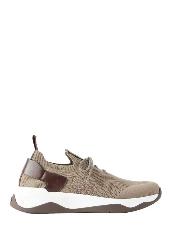 Berluti Shadow Leather-trimmed Stretch-knit Sneakers - Neutrals