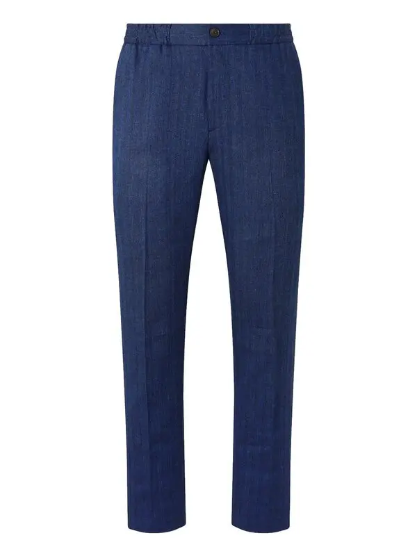 Mr P. James" Tapered Herringbone Linen-blend Suit Trousers - Blue