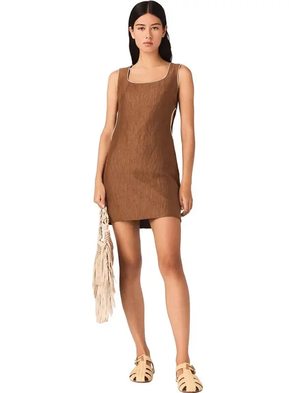 Maje Short Linen Blend Dress With Rhinestone Embellishments - Brown
