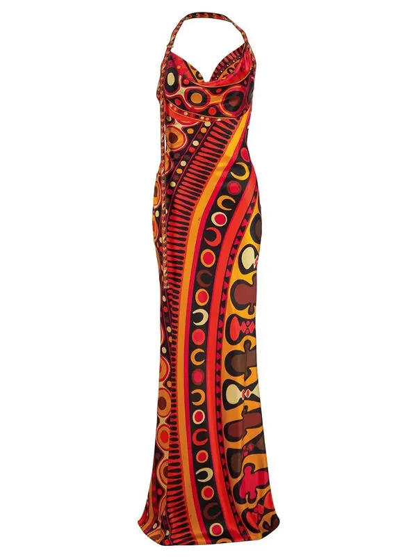 Emilio Pucci Printed Satin Halter Maxi Dress - Orange