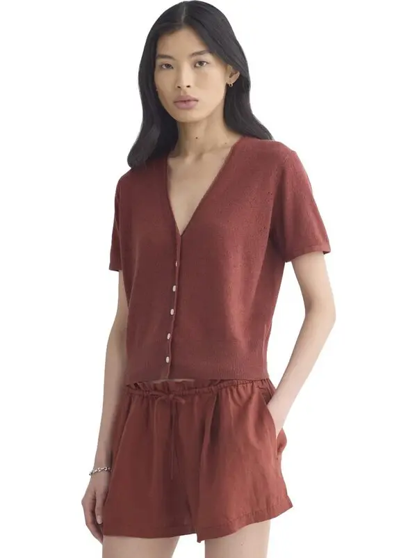 Everlane Fine Linen Lace Trim Cardigan - Henna Red