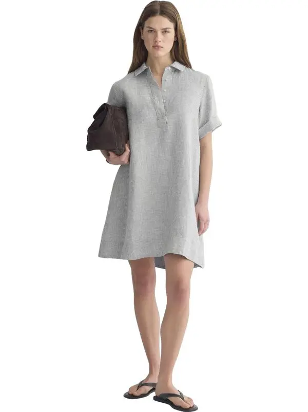 Everlane Mini Popover Shirtdress In Linen - Agave/bone
