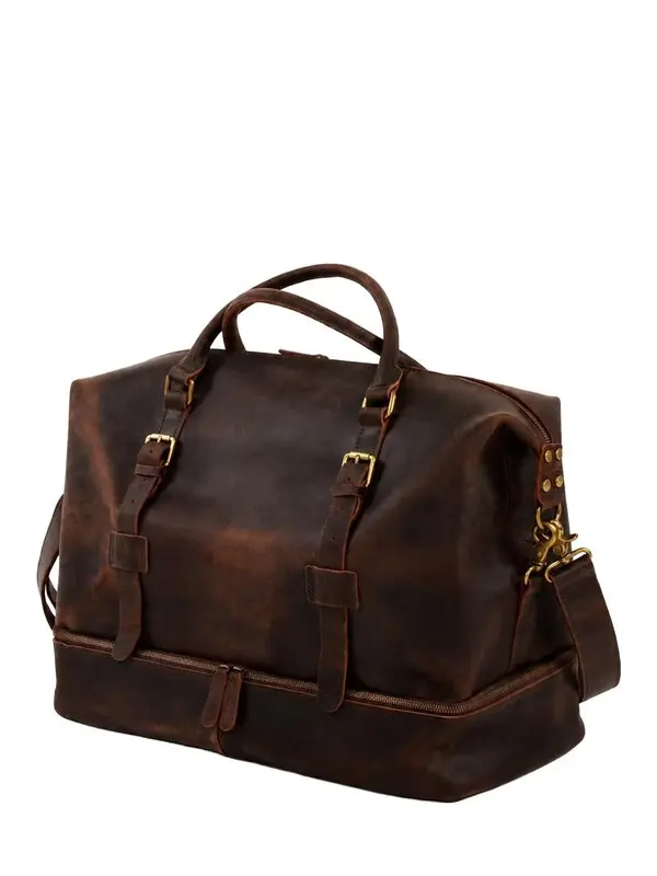 TOURI Genuine Leather Weekender Holdall With Brass Zipper - Brown