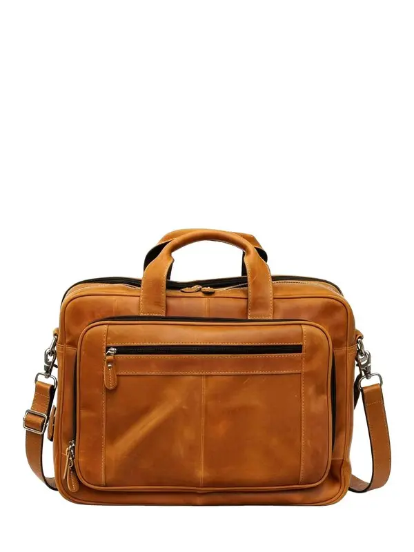 TOURI Genuine Leather Briefcase With Luggage Strap - Brown