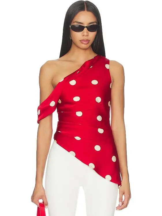 MORE TO COME Mindy Asymmetrical Polka Dot Top - Red & White Dot