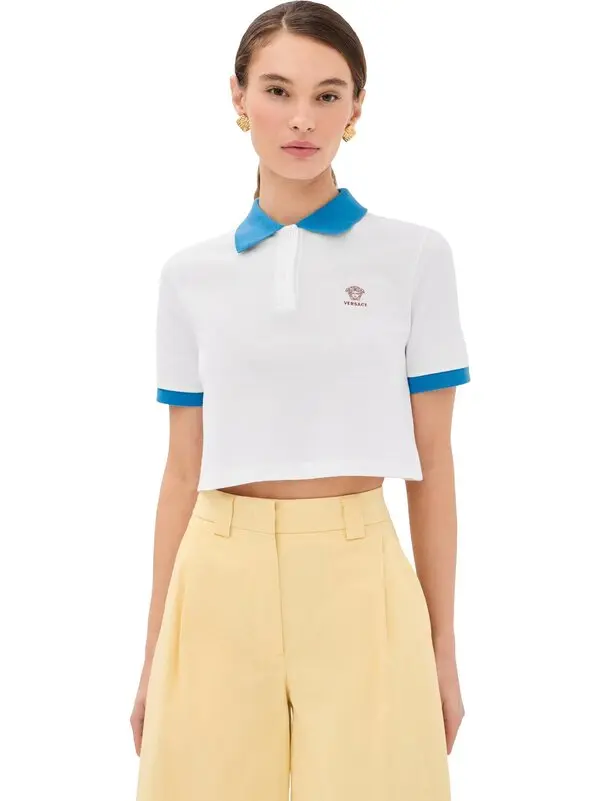Versace Medusa Embroidery Cropped Pique Polo - White/azure Blue