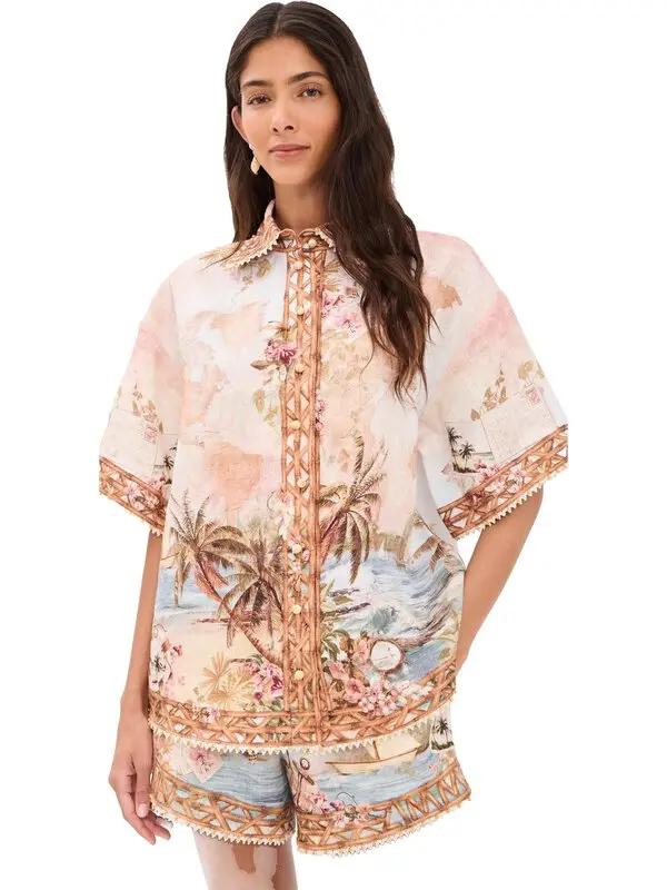 Zimmermann Mahon Tropical Print Linen Shirt With Crochet Trim - Island Map Blue