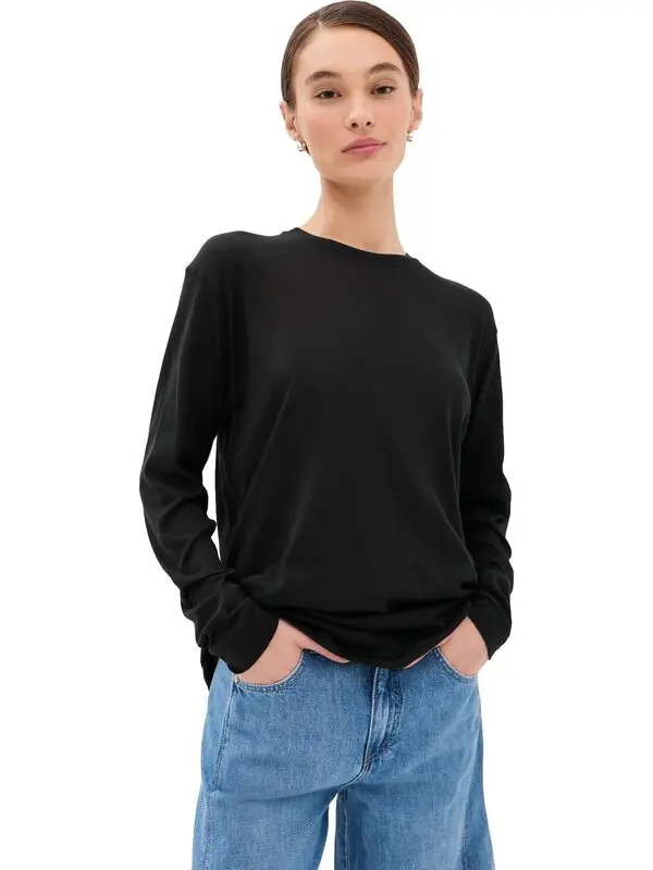 Tibi Sheer Crepe Knit Long Sleeve Tee - Black