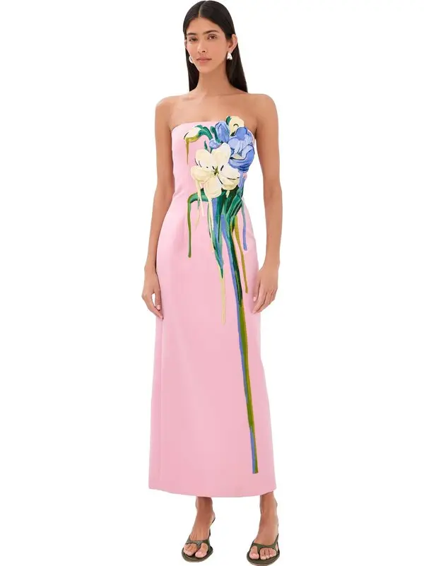 LEO LIN Rayna Embroidered Bustier Maxi Dress - Bouquet Print In Pastel Pink