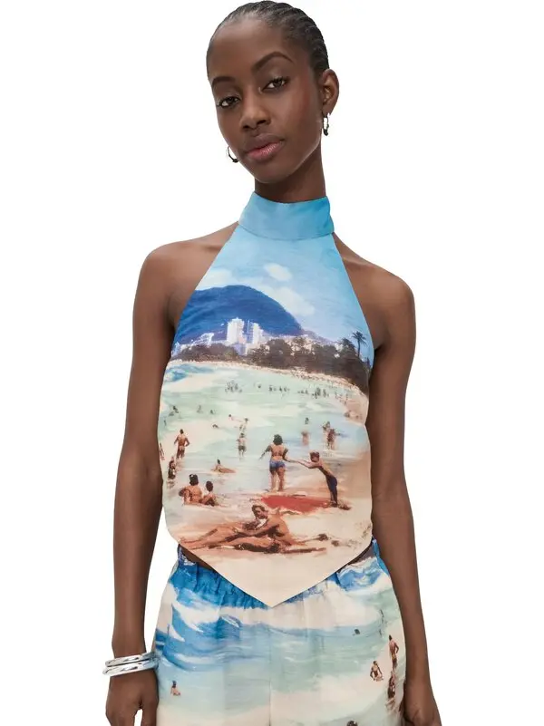 Cult Gaia Bina Graphic Print Halter Neck Sleeveless Top - Rio Beach Print