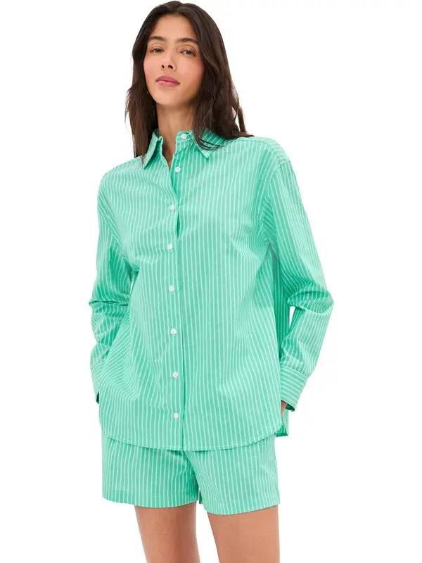 LE BOP Kali Tie Back Button Down Shirt - Aqua/white Poplin Stripe