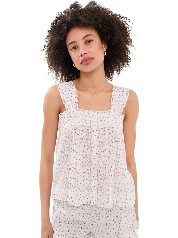DAMSON MADDER Harrietta Button Through Cami Floral Embroidered Square Neck Sleeveless Top - Cream