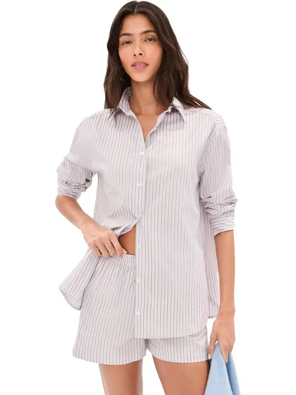 LE BOP Kali Tie Back Button Down Shirt - Grey Stripe
