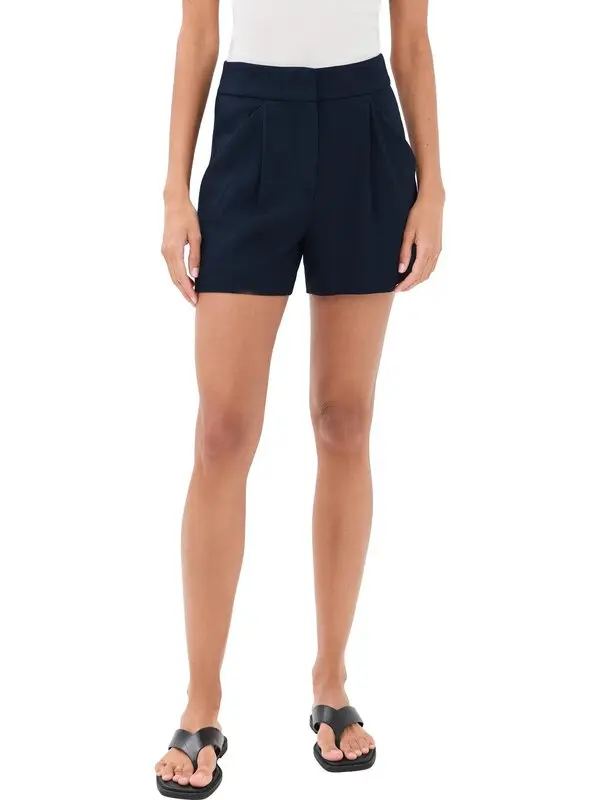 Veronica Beard Marbeau Pleated Linen Blend Shorts - Navy