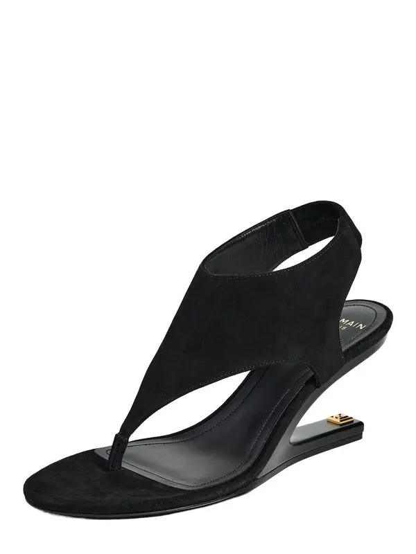 Balmain Suede Wedge Sandals With Gold-tone Logo Detail - 0pa Noir