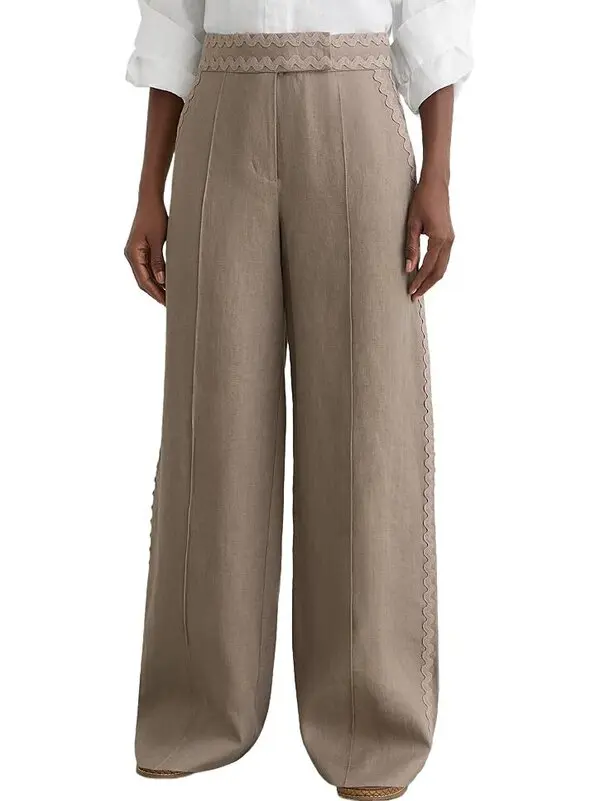 REISS Petites Mila Linen Wave Trim Pants - Taupe Neutral