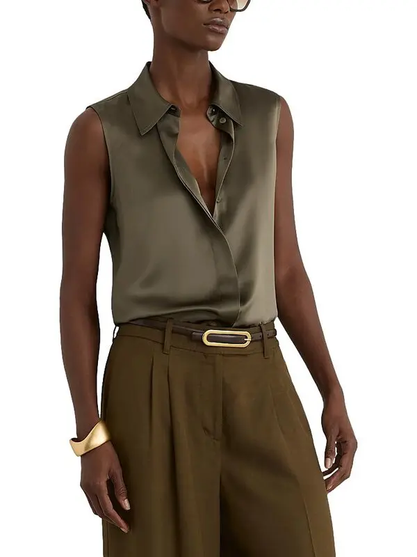 REISS Amelia Sleeveless Silk Shirt - Khaki Green
