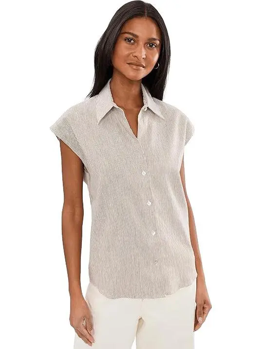 Vince Ticking Stripe Cap Sleeve Blouse - Taupe