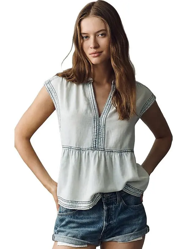 PILCRO 100% Cotton Denim Muscle Shirt Top - Light Denim