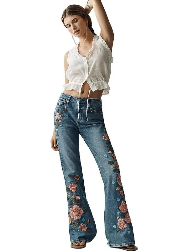 DRIFTWOOD Farrah Mid-rise Flare Jeans With Floral Embroidery - Floral Festival