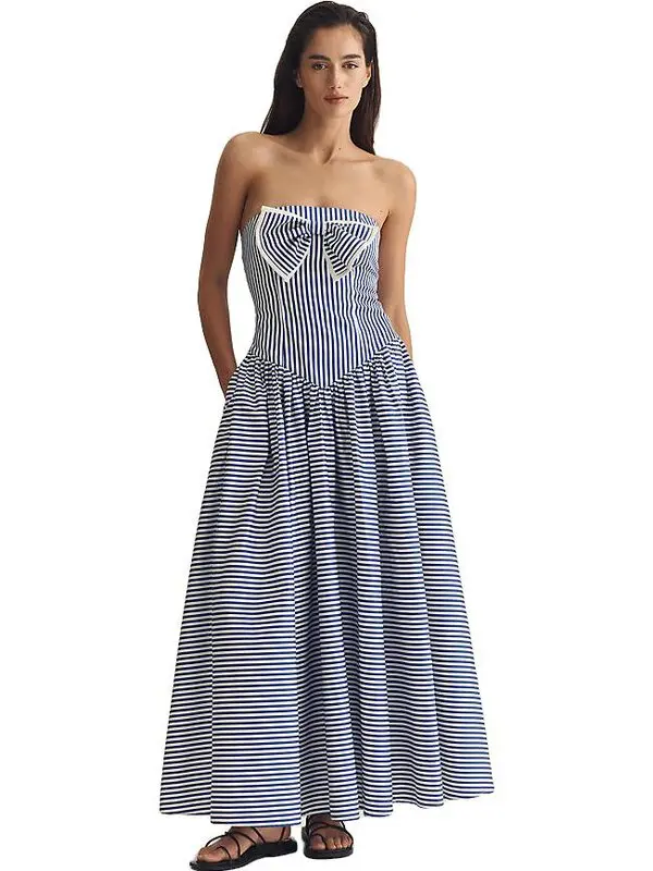 DE LORETA Gondrina" Cotton Strapless Midi Dress With Bow Detail - Lineas Azules