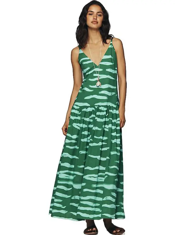 DE LORETA Paca Cotton Drop-waist Midi Dress - Litoral Verde