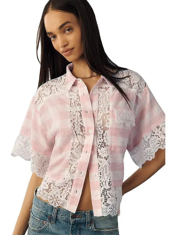 Anthropologie Mixed Lace Buttondown Shirt - Pink Stripe