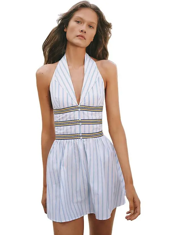 CELANDINE Cotton Halter Mini Shirt Dress - Blue Stripe