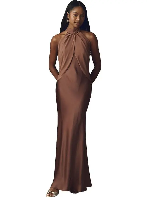 Bhldn Chiffon Satin Halter-neck Gown - Chocolate