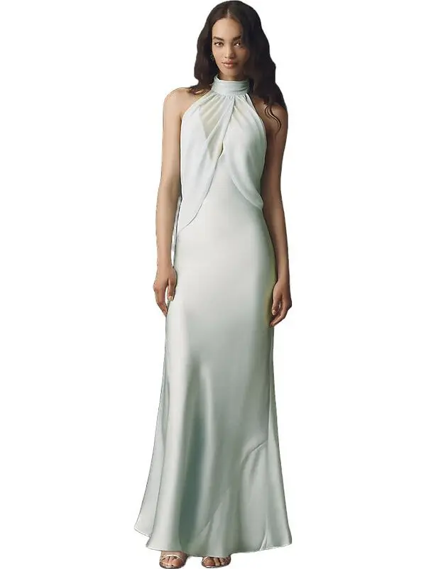 Bhldn Chiffon Satin Halter-neck Gown - Light Blue
