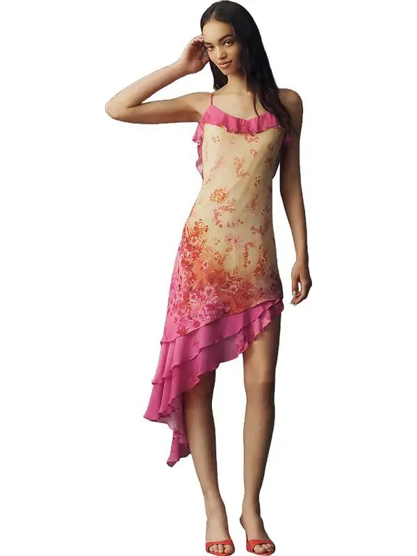 Bhldn Asymmetric Ruffle Midi Slip Dress - Pink Pattern