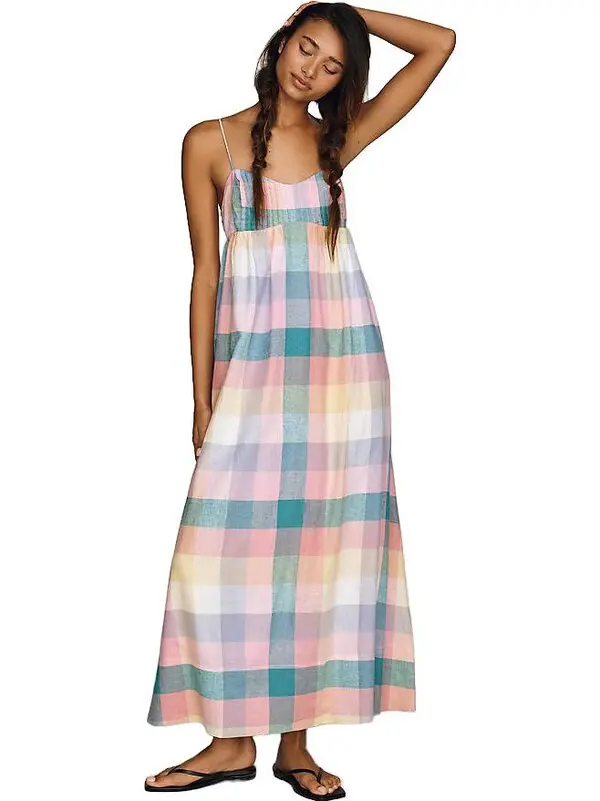 Maeve Linen Tie-back Maxi Dress - Pink Plaid