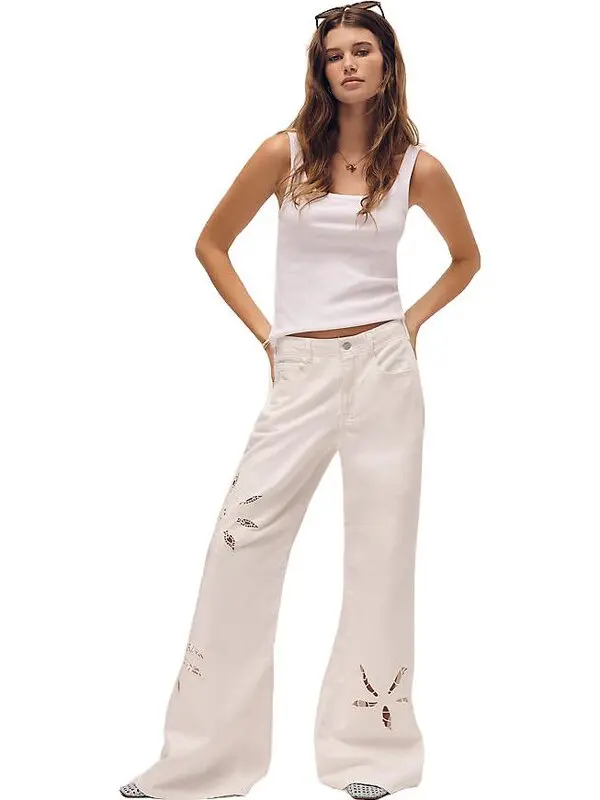 PILCRO Adi Mid-rise Relaxed Wide-leg Embroidered Jeans - White