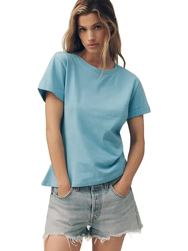 Anthropologie Cotton Ruched Asymmetric T-shirt - Blue Grotto