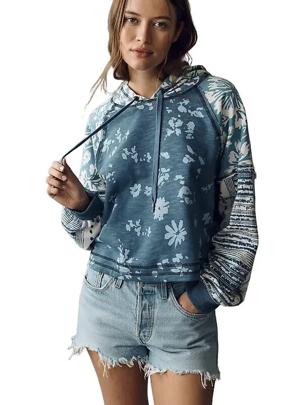 PILCRO Cotton Drawstring Hoodie - Blue Pattern