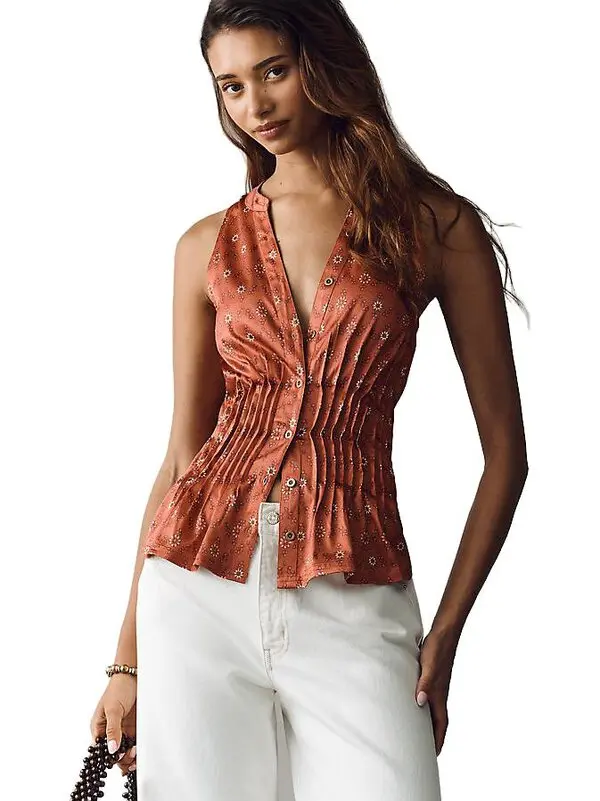PILCRO Sleeveless Silky Pleated Blouse - Red Floral