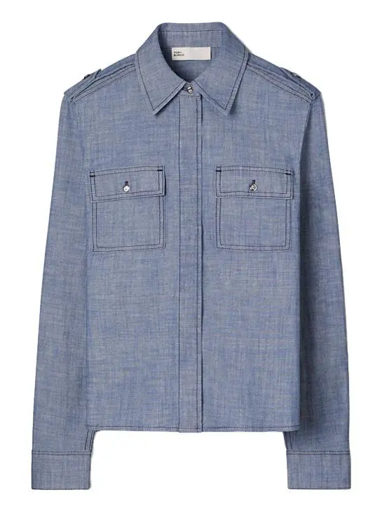 Tory Burch Cotton Chambray Camp Shirt - Blue Wash